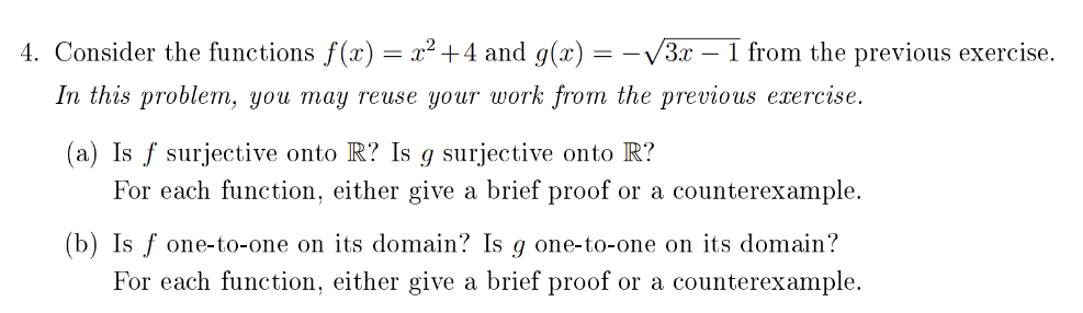 Solved 4. Consider the functions f(x)=x2+4 and g(x)=−3x−1 | Chegg.com