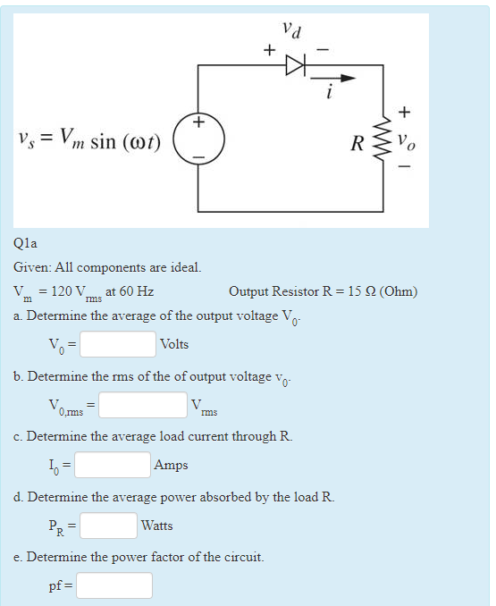 Solved vs = Vm sin (ot) Qla Given: All components are ideal. | Chegg.com