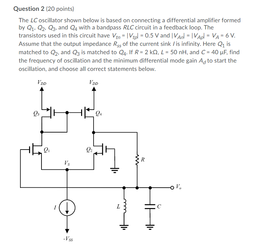 Solved Question 2 (20 points) The LC oscillator shown below | Chegg.com