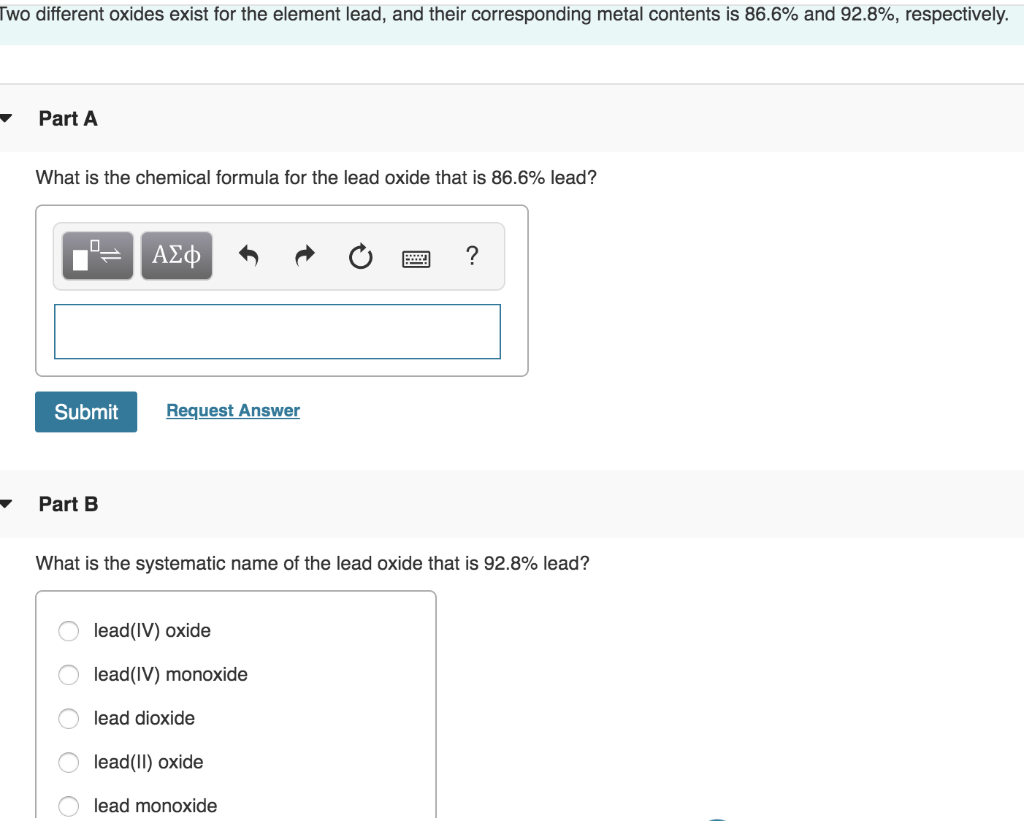 Solved Two different oxides exist for the element lead, and | Chegg.com