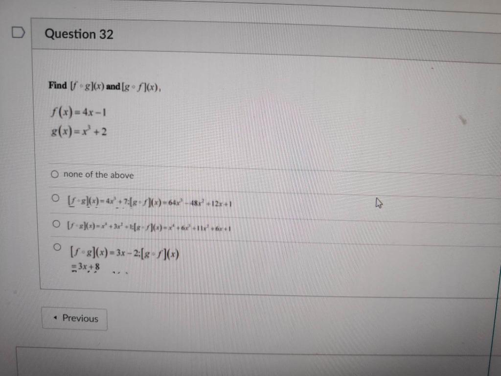 Solved f(x)=3x+10g(x)=x−2 Find g(f(x)) 3x+8 3x−2 3x+4 none | Chegg.com Solved f(x)=3x+10g(x)=x−2 Find g(f(x)) 3x+8 3x−2 3x+4 none | Chegg.com