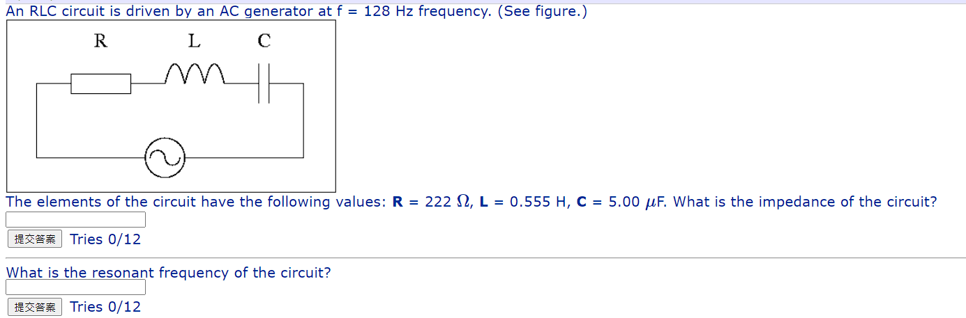 Solved An RLC circuit is driven by an AC generator at f=128 | Chegg.com