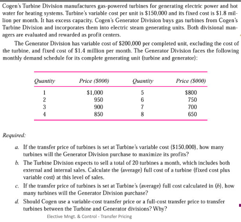 Solved Cogen's Turbine Division manufactures gas-powered | Chegg.com