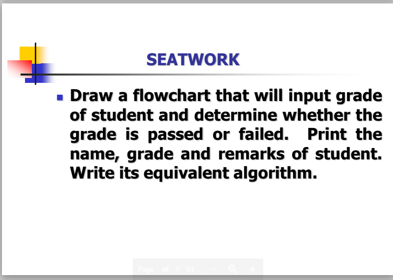 Solved SEATWORK • Draw a flowchart that will input grade of | Chegg.com