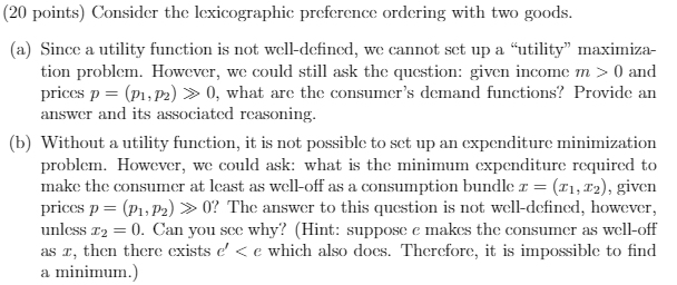 (20 points) Consider the lexicographic preference | Chegg.com