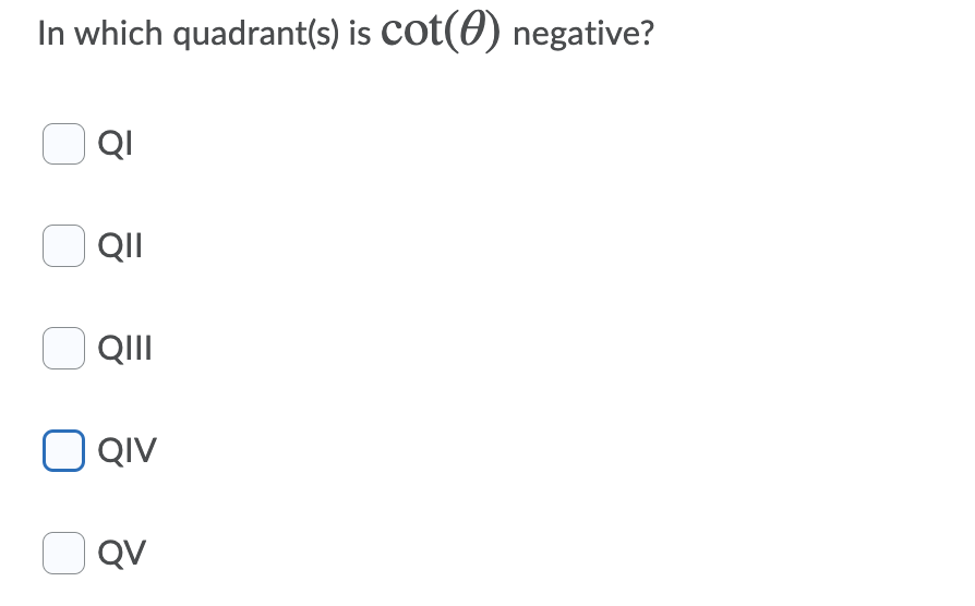 Solved In which quadrant(s) is cot(0) negative? QI QII QIII | Chegg.com