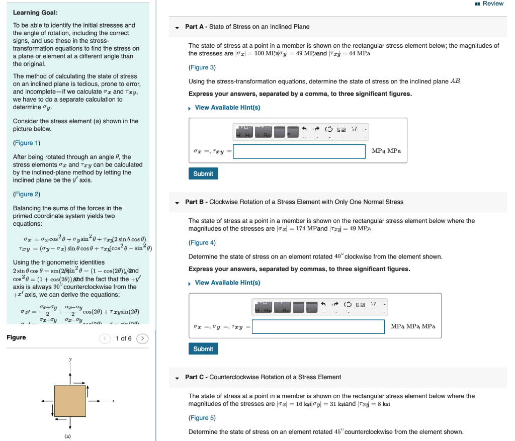 Solved Review Learning Goal: Part A-State of Stress on an | Chegg.com