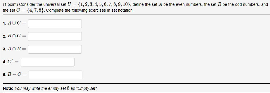 Solved (1 point) Consider the universal set | Chegg.com
