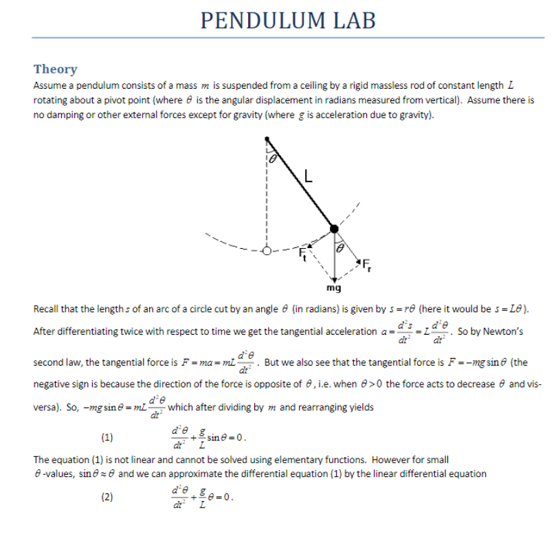 Solved PENDULUM LAB Theory Assume a pendulum consists of a | Chegg.com