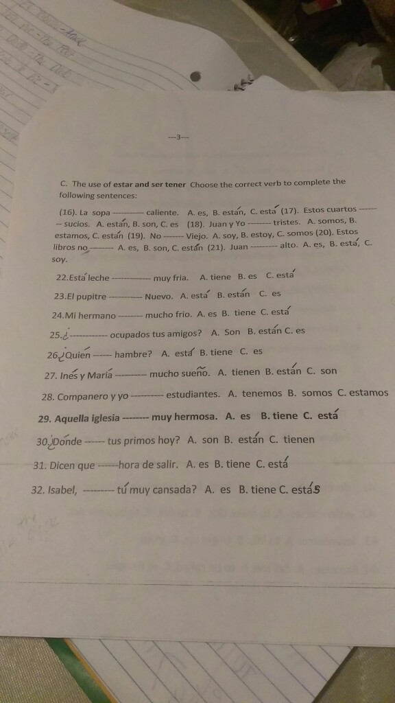 The use of estar ser tener. Choose the correct verb | Chegg.com
