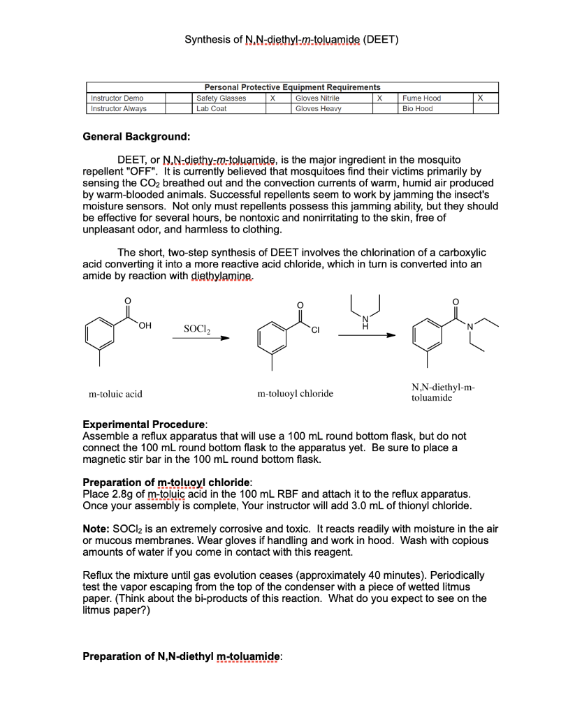 Synthesis of N.N-diethyl-m-toluamide (DEET) Personal | Chegg.com