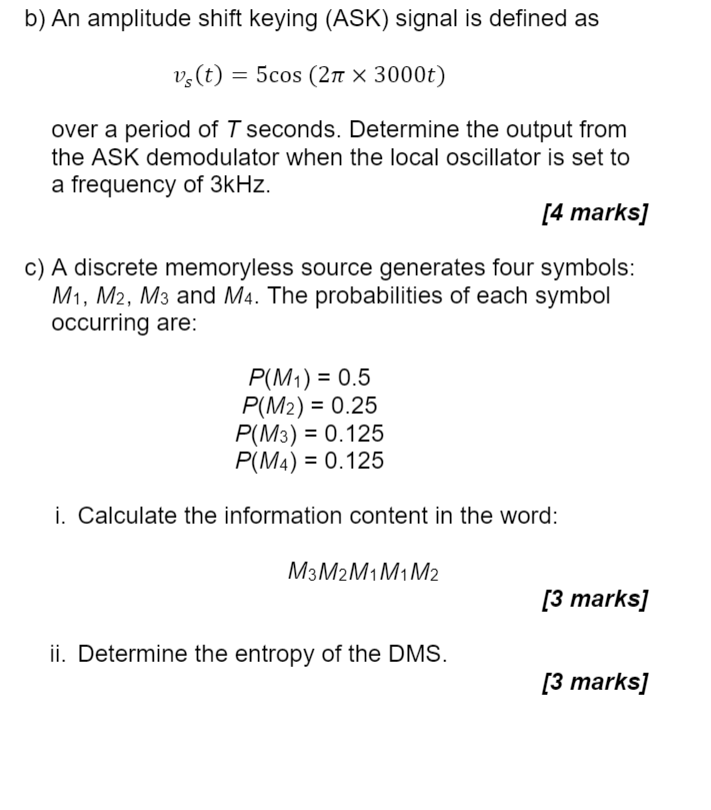 Solved b) An amplitude shift keying (ASK) signal is defined | Chegg.com