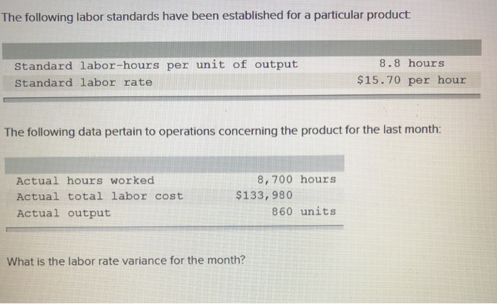 Solved The following labor standards have been established | Chegg.com
