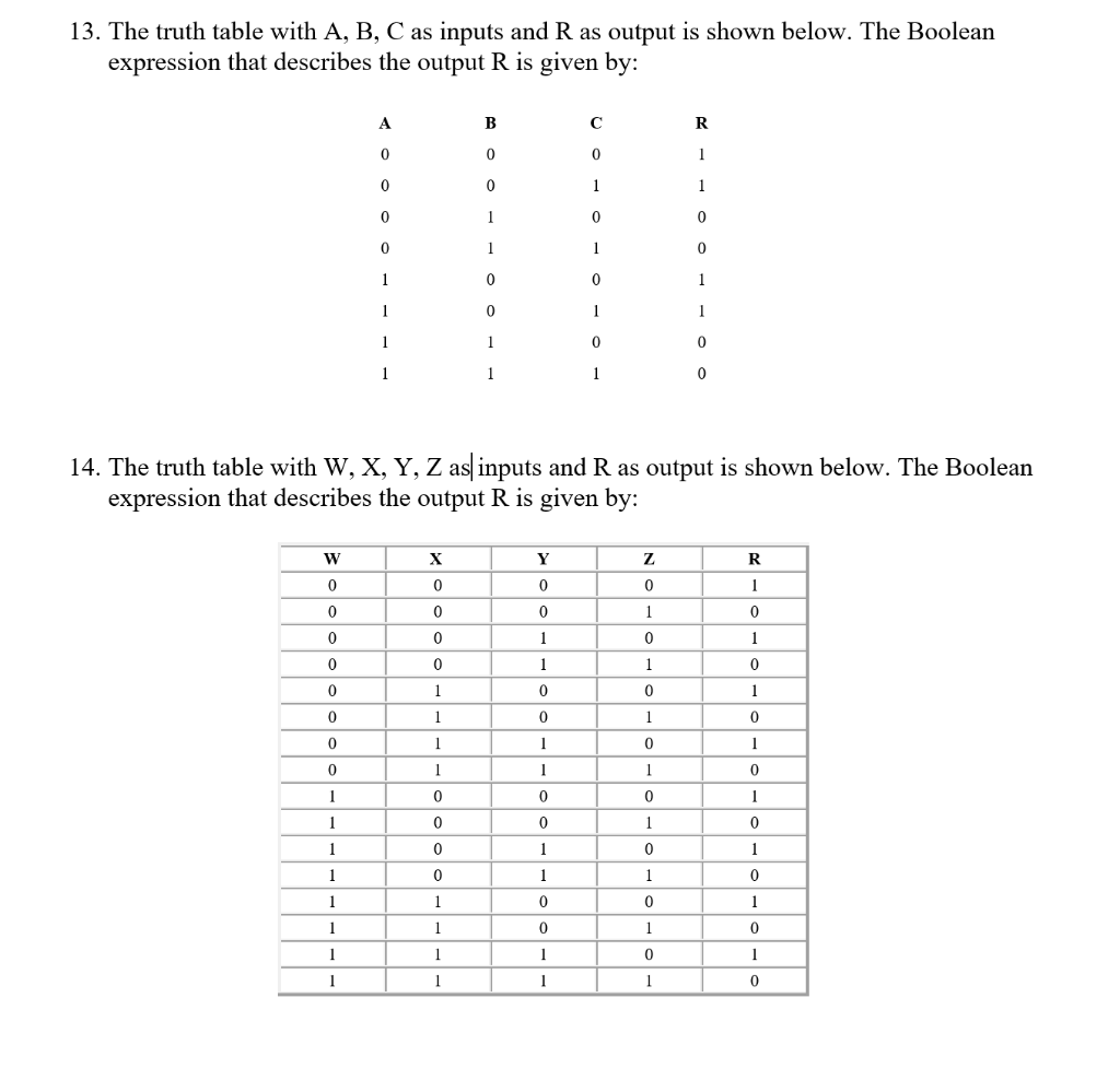Solved 13. The truth table with A, B, C as inputs and R as | Chegg.com