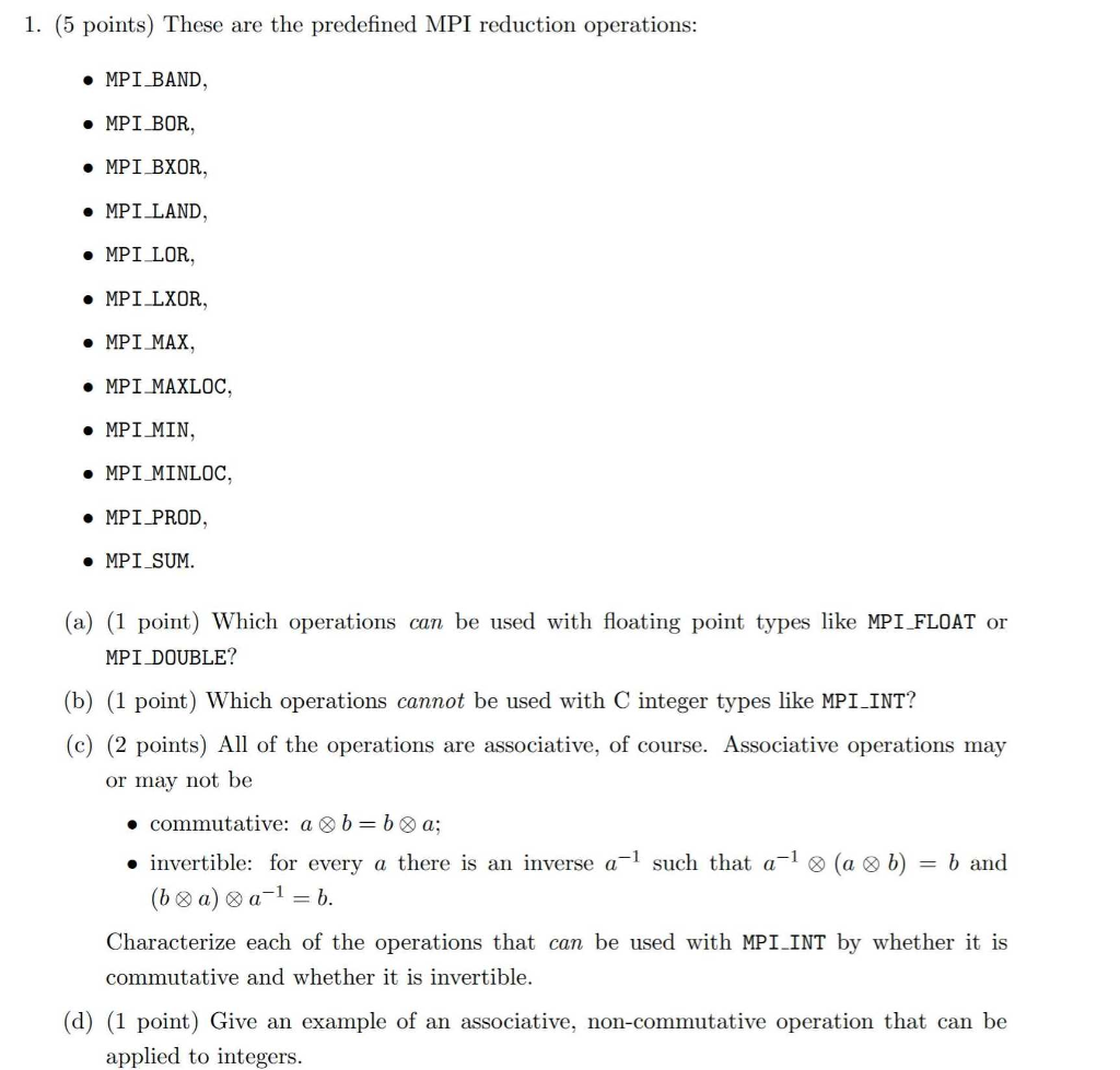 Solved 1. (5 points) These are the predefined MPI reduction | Chegg.com