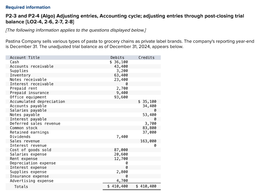 Solved Required information P2-3 and P2-4 (Algo) Adjusting | Chegg.com