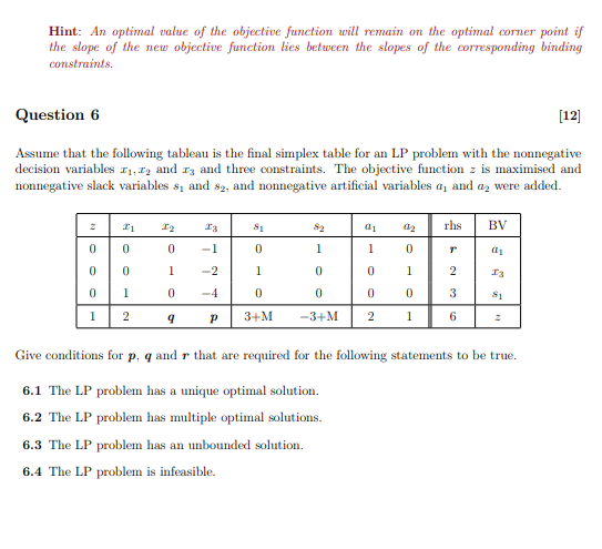 Solved Hint: An optimal value of the objective function will | Chegg.com