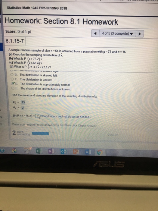 Solved Statistics-Math 1342.PO2-SPRING 2018 Homework: | Chegg.com