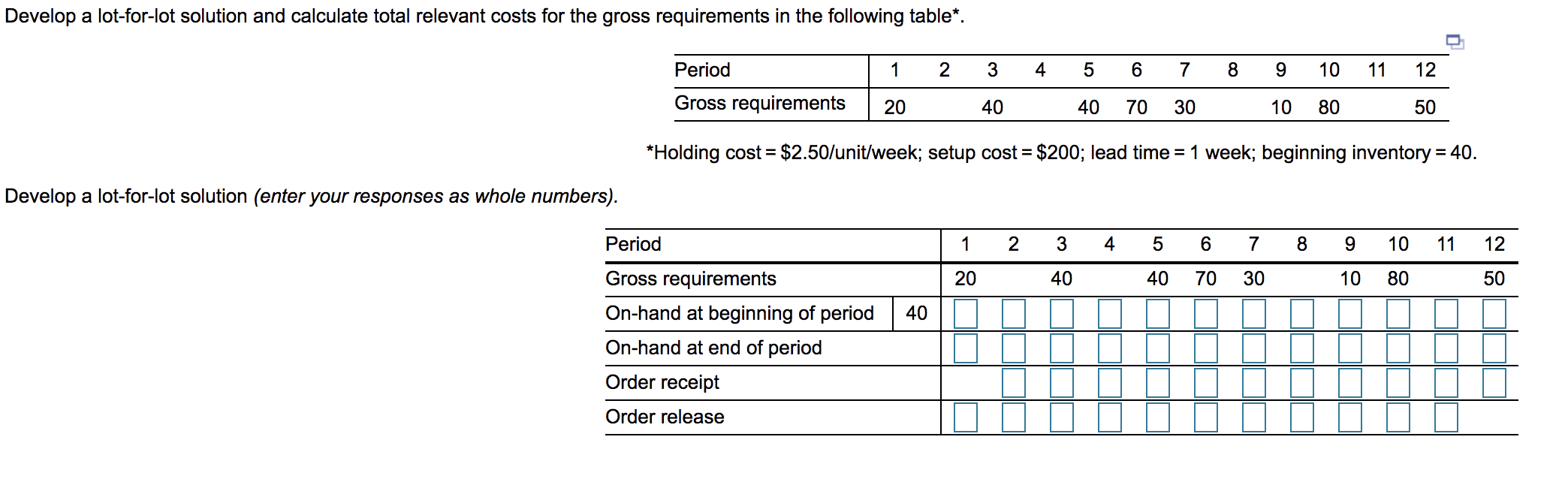 Solved Develop a lot-for-lot solution and calculate total | Chegg.com