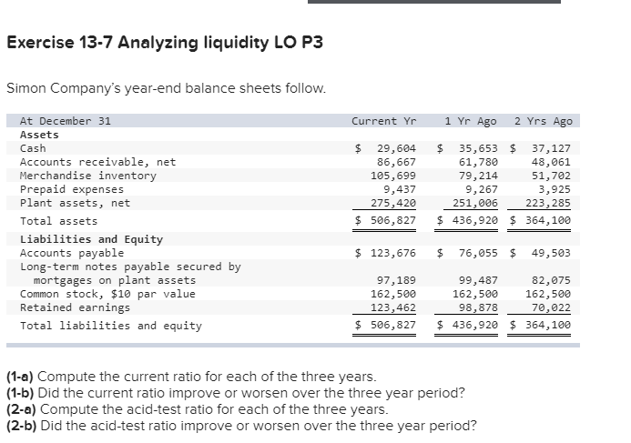 Solved Exercise 13-7 Analyzing liquidity LO P3 Simon | Chegg.com