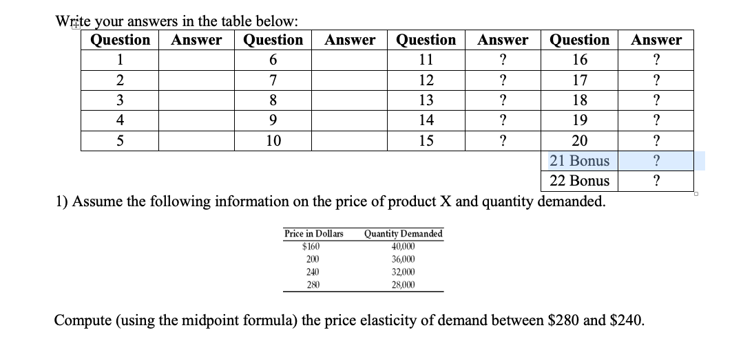 Solved Answer ? ? | Write your answers in the table below: | Chegg.com