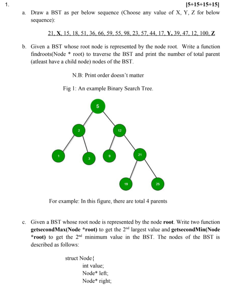 Solved 1. [5+15+15+15) a. Draw a BST as per below sequence | Chegg.com