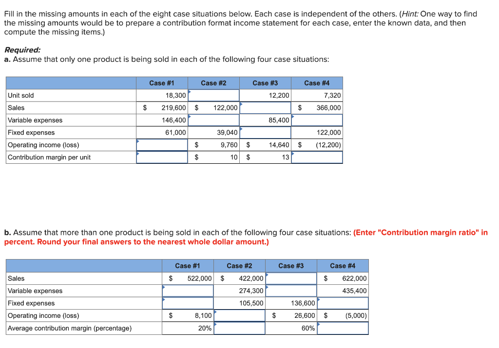 Solved Fill in the missing amounts in each of the eight case | Chegg.com