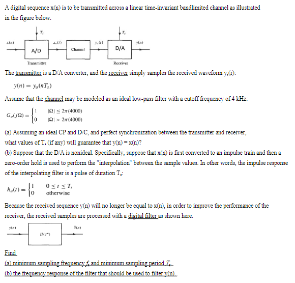 Solved A digital sequence x(n) ﻿is to be transmitted across | Chegg.com