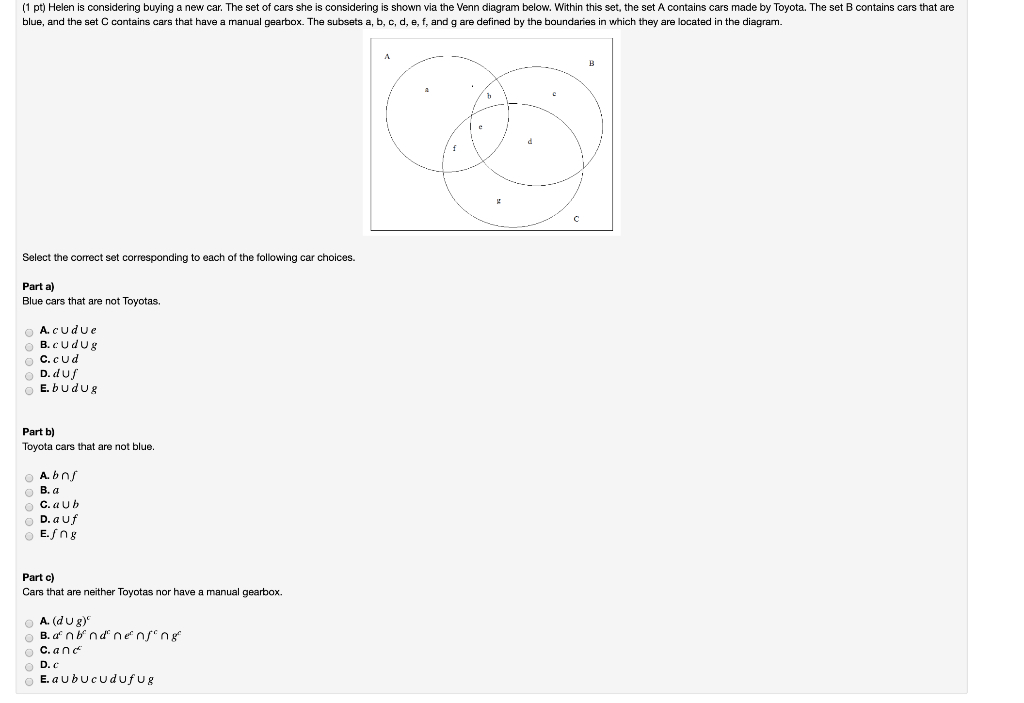 Solved (1 pt) Helen is considering buying a new car. The set | Chegg.com