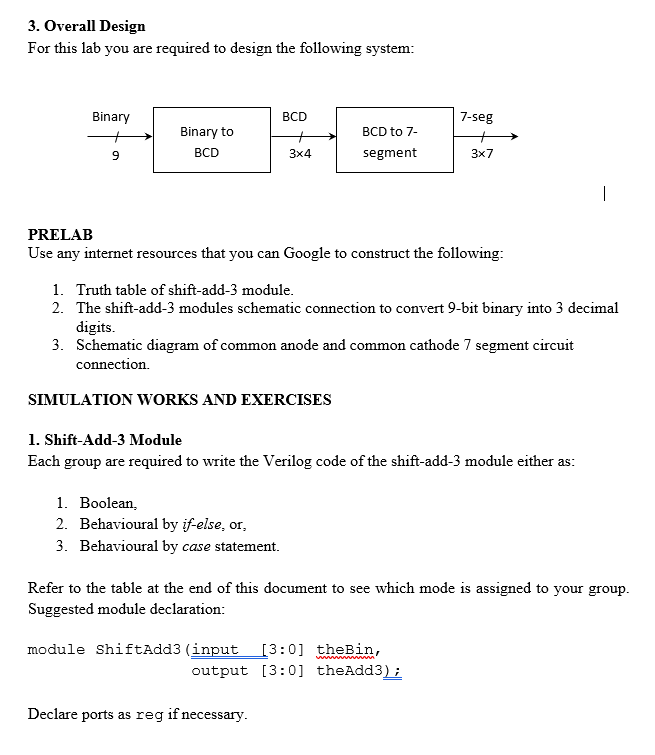 3. Overall Design For this lab you are required to | Chegg.com