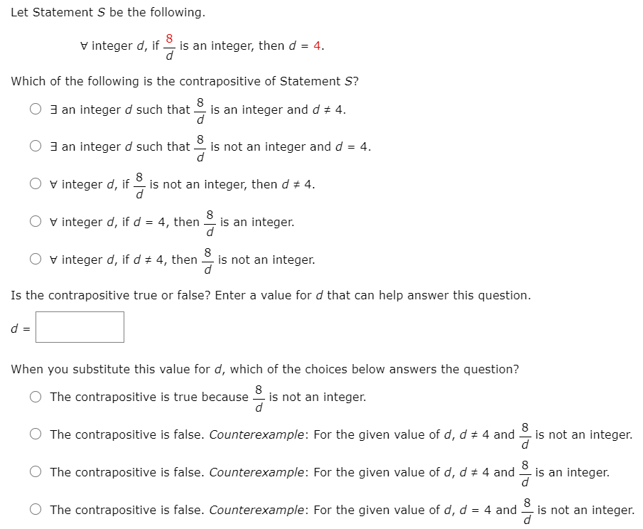 Solved Let Statement S be the following. V integer d, if 8 | Chegg.com