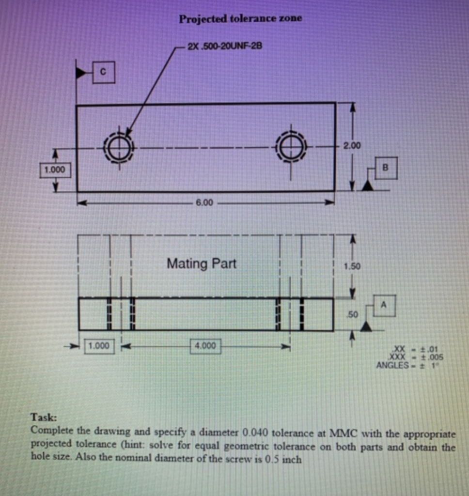 Projected tolerance zone 2X.500-20UNF-28 200 A 1.000 | Chegg.com
