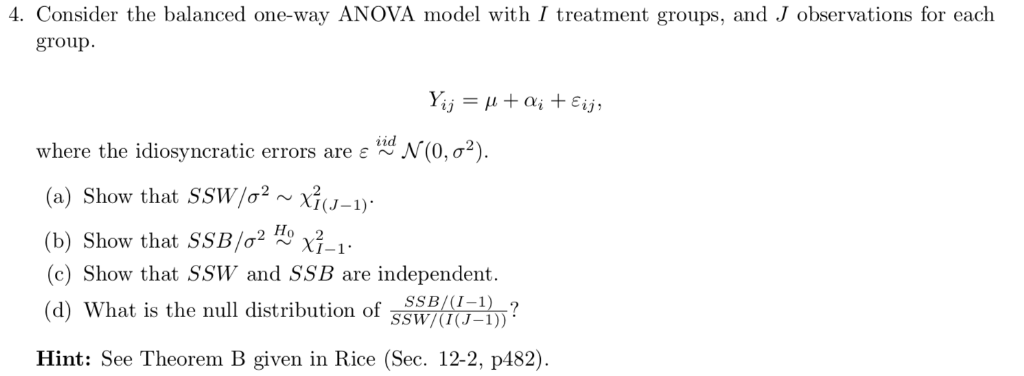 Solved 4. Consider the balanced one-way ANOVA model with I | Chegg.com