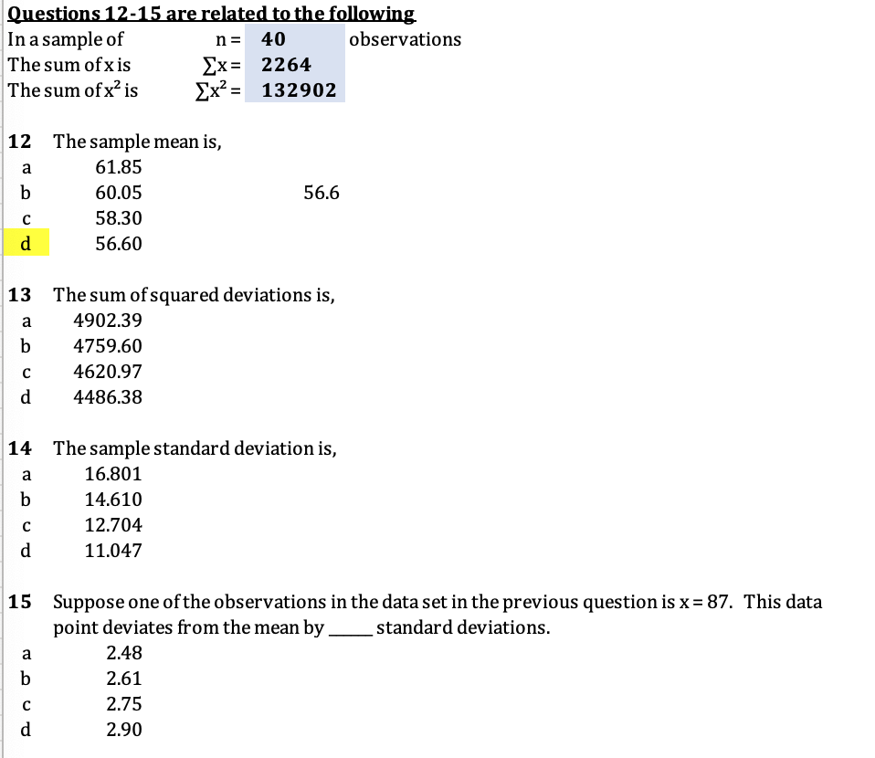 Solved 13 The Sum Of Squared Deviations Is A B C D