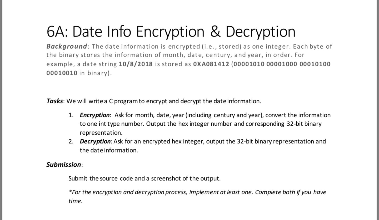 Solved 6A: Date Info Encryption & Decryption Background: The | Chegg.com