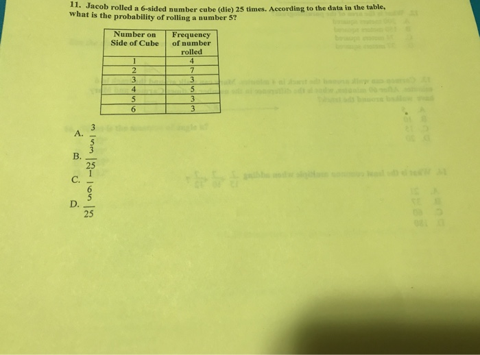 Solved 11. Jacob rolled a 6-sided number cube (die) 25 | Chegg.com