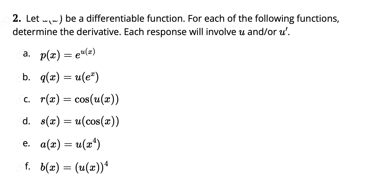 Solved Let u(x) ﻿be a differentiable function. For each of | Chegg.com