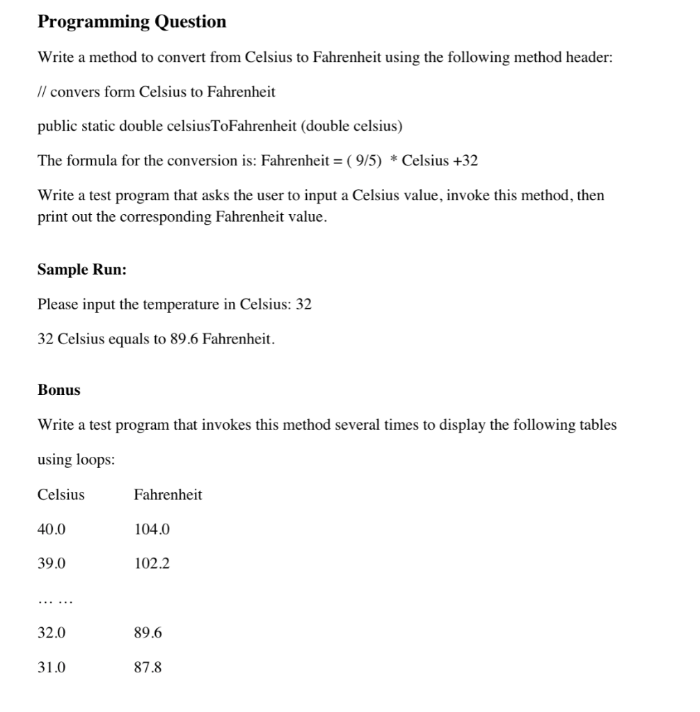 Solved Programming Question Write a method to convert from | Chegg.com