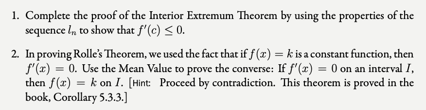 Solved 1. Complete the proof of the Interior Extremum | Chegg.com