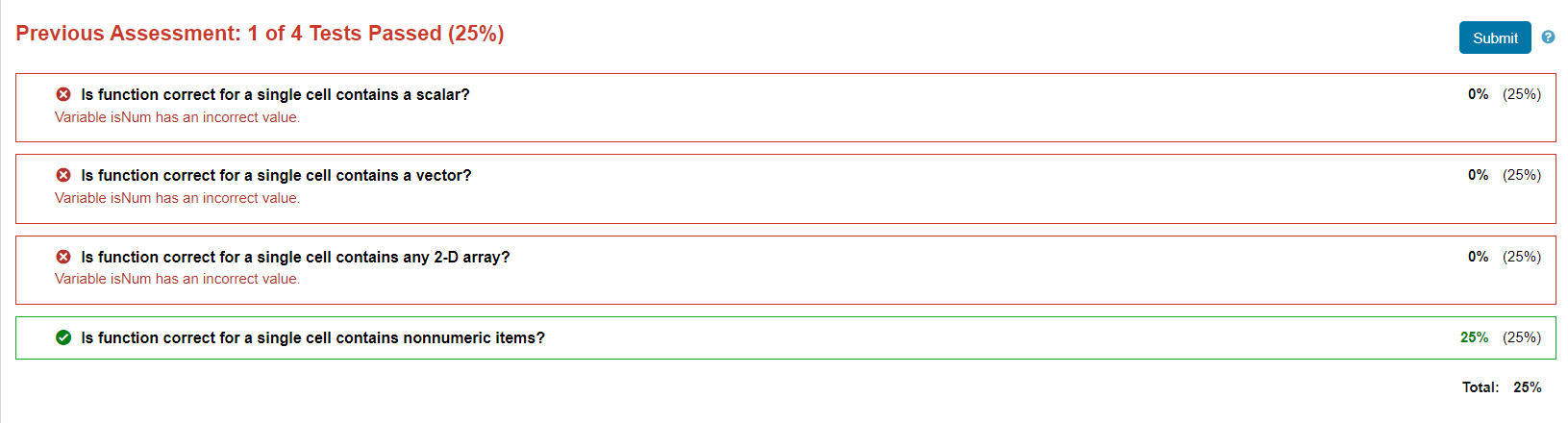 Solved Previous Assessment: 1 of 4 Tests Passed (25\%) Is | Chegg.com