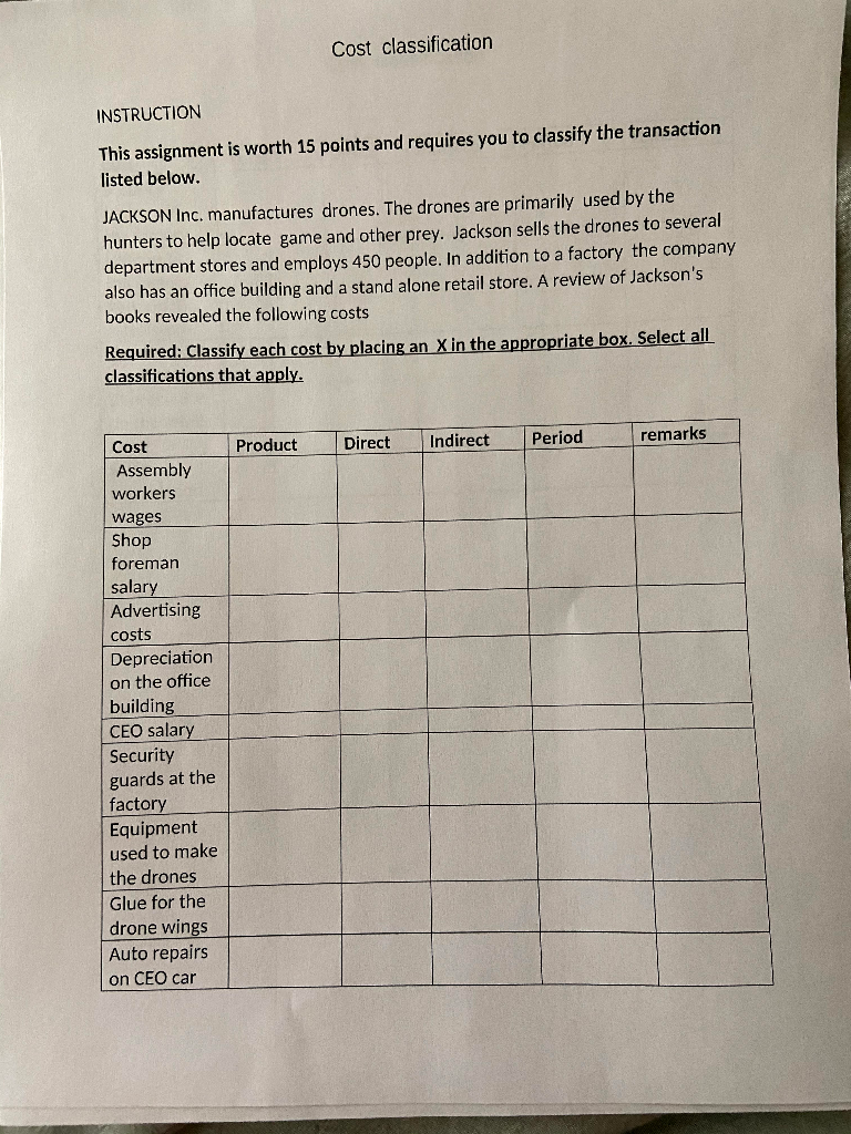 Solved Cost classification INSTRUCTION This assignment is | Chegg.com