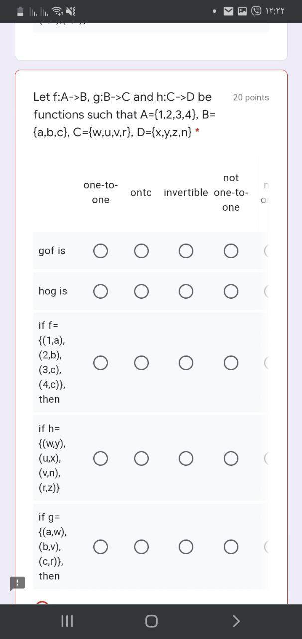 Solved 0 ۱۲:۲۲ 20 points Let f:A->B, g:B-C and h:C->D be | Chegg.com
