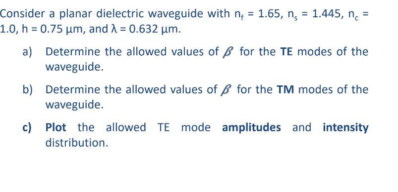Solved Consider a planar dielectric waveguide | Chegg.com