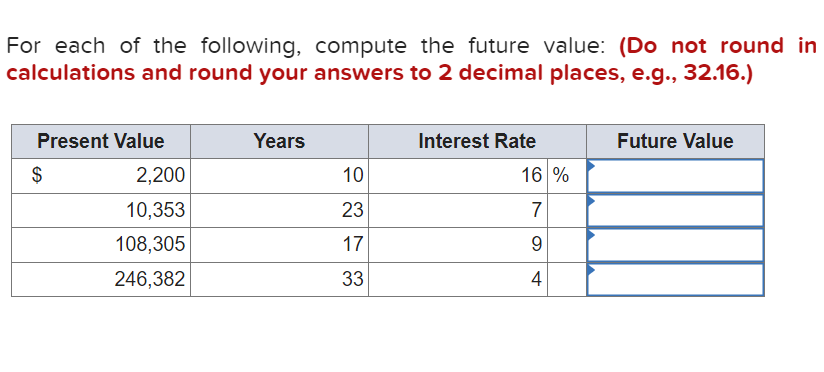 Solved For each of the following, compute the future value: | Chegg.com