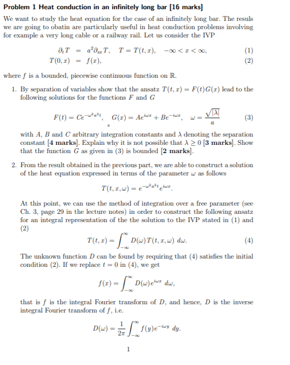 Problem 1 Heat conduction in an infinitely long bar | Chegg.com