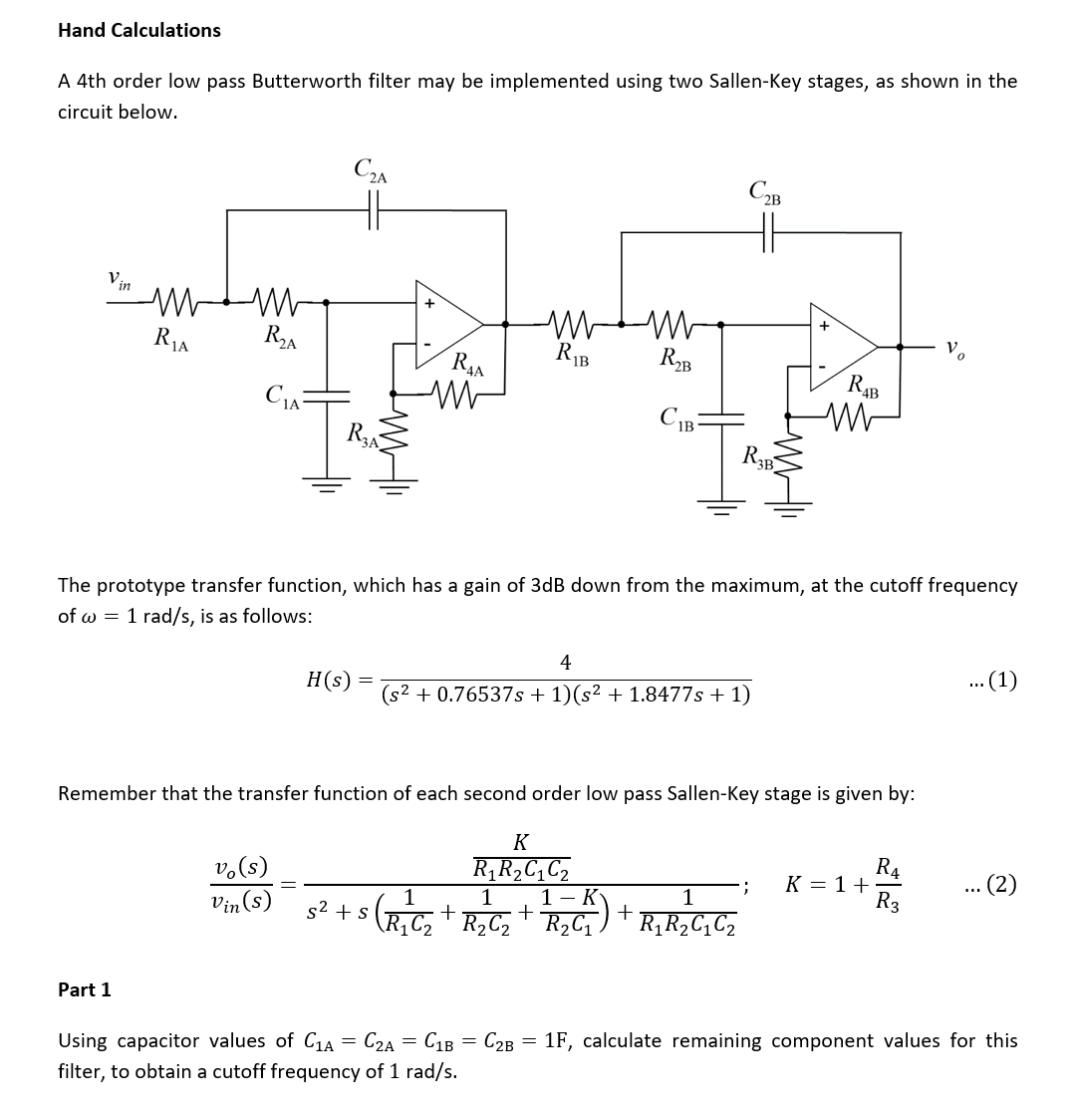 Solved Hand Calculations A 4th order low pass Butterworth | Chegg.com