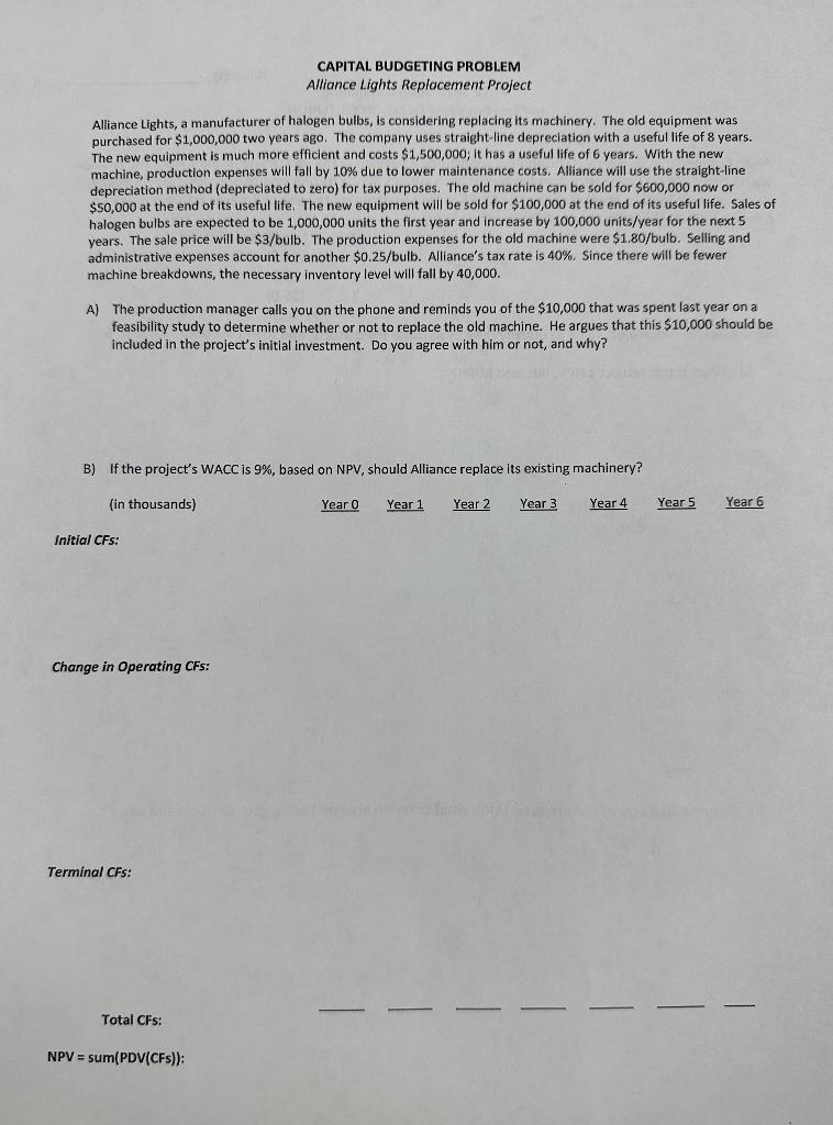 Solved CAPITAL BUDGETING PROBLEM Alliance Lights Replacement | Chegg.com