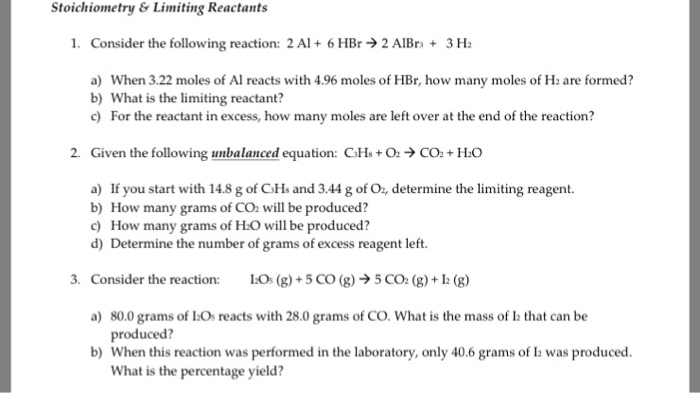 Solved Stoichiometry&Limiting Reactants 1. Consider the | Chegg.com