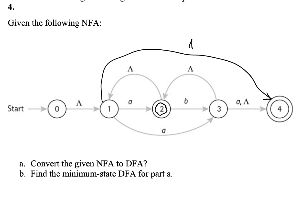 Solved 4. Given the following NFA: 1 A A a a, A Start 3 a a. | Chegg.com