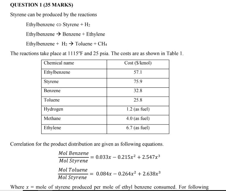 QUESTION 1 (35 MARKS) Styrene can be produced by the | Chegg.com